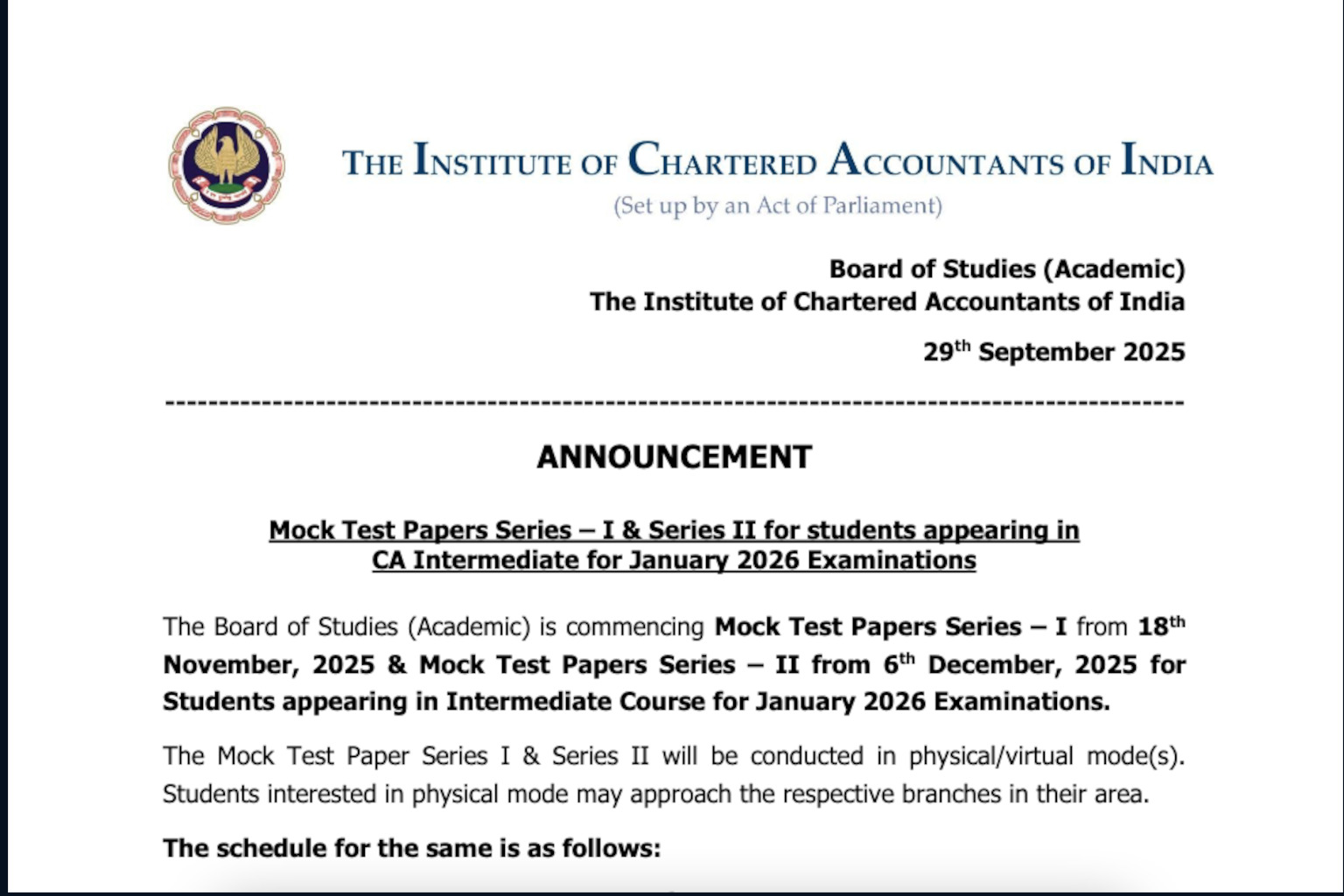 ICAI CA Inter January 2026 Exams: Mock Test Dates, Schedule, and ...